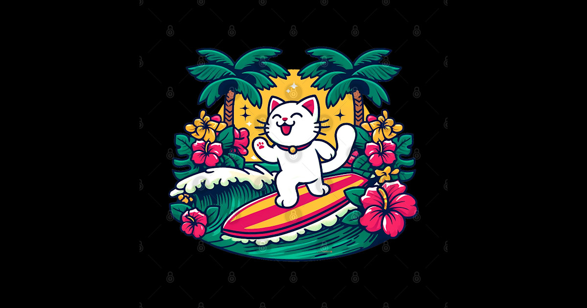 Aloha Surfing Lucky Cat - Cats - Sticker | TeePublic
