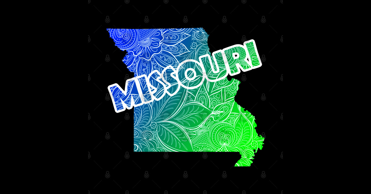 Colorful mandala art map of Missouri with text in blue and green ...