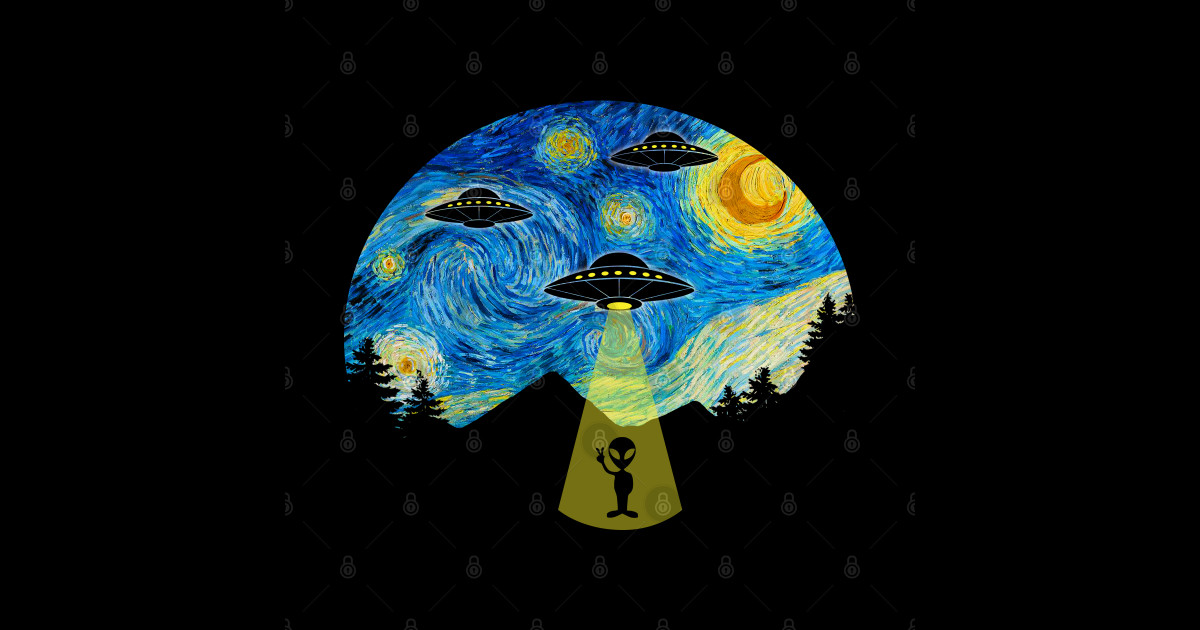 Starry Night UFO Alien - Funny - Funny Alien - Posters and Art Prints ...