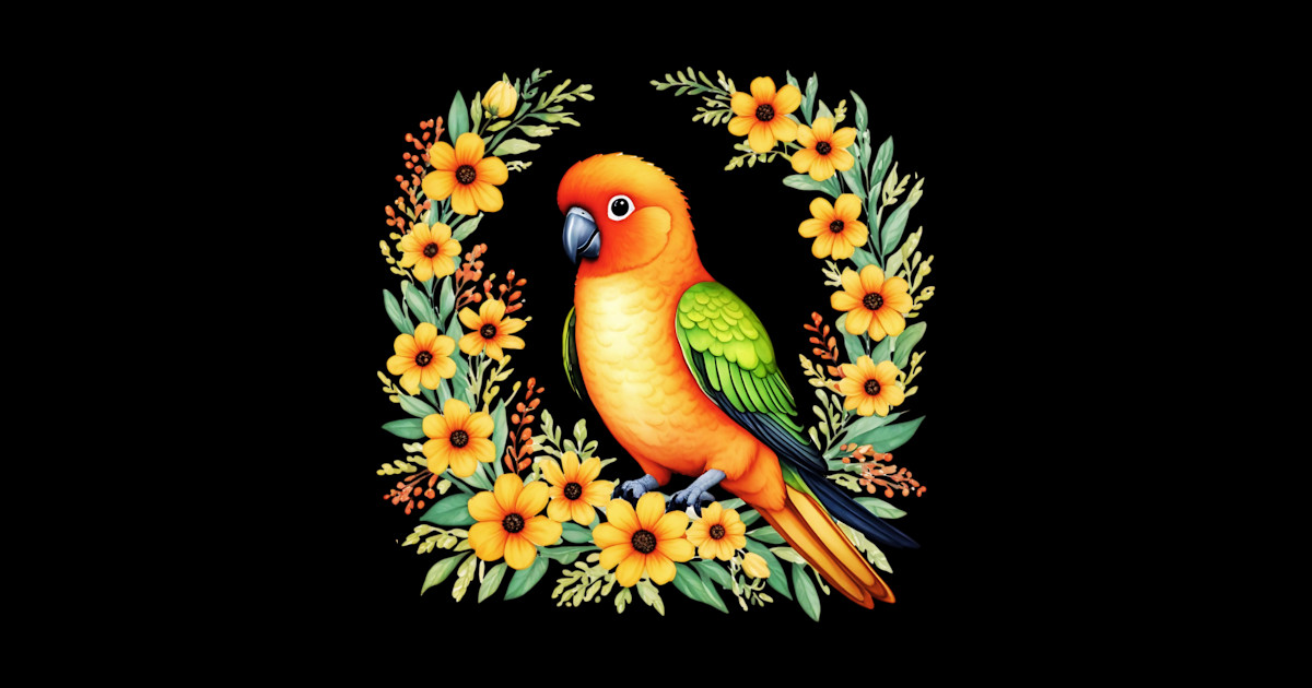 Sun Conure Bird And Flowers - Sun Conure - Posters and Art Prints ...
