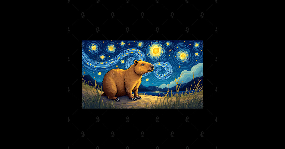 Capybara in Van Gogh's Starry Night Art Style - Capybara - Sticker ...