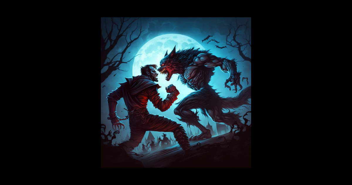 Cartoon image of a vampire vs. a werewolf fight at full moon. - Vampire ...