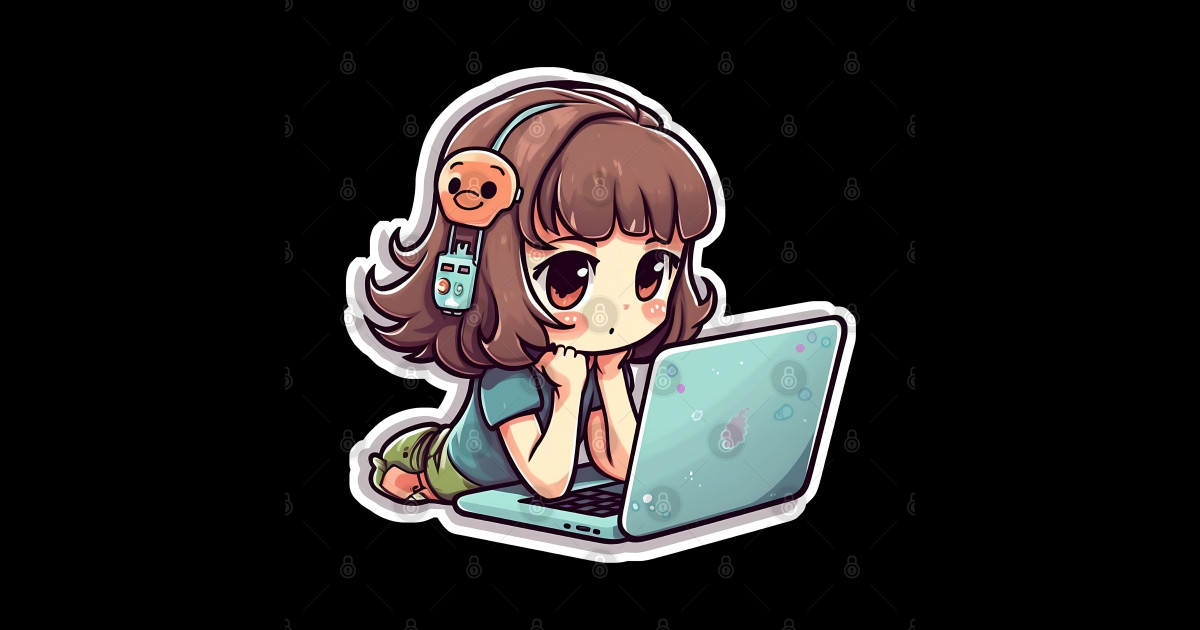 Kawaii Anime girl using laptop - Anime Characters - Sticker | TeePublic