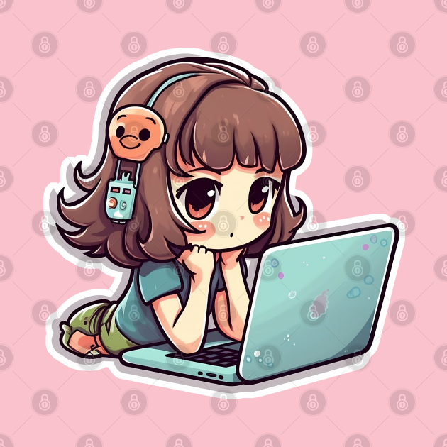 Kawaii Anime girl using laptop - Anime Characters - T-Shirt | TeePublic