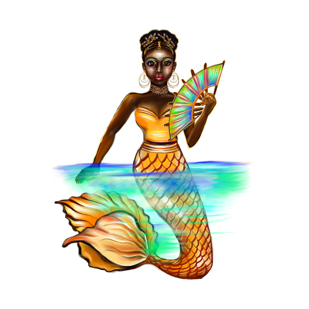 mermaid with gold scales and fan, brown eyes curly Afro hair and dark ...
