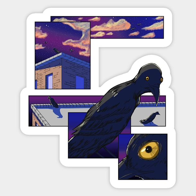 Midnight Crows On Rooftops Comic Panel Design - Spooky Cute - Sticker ...