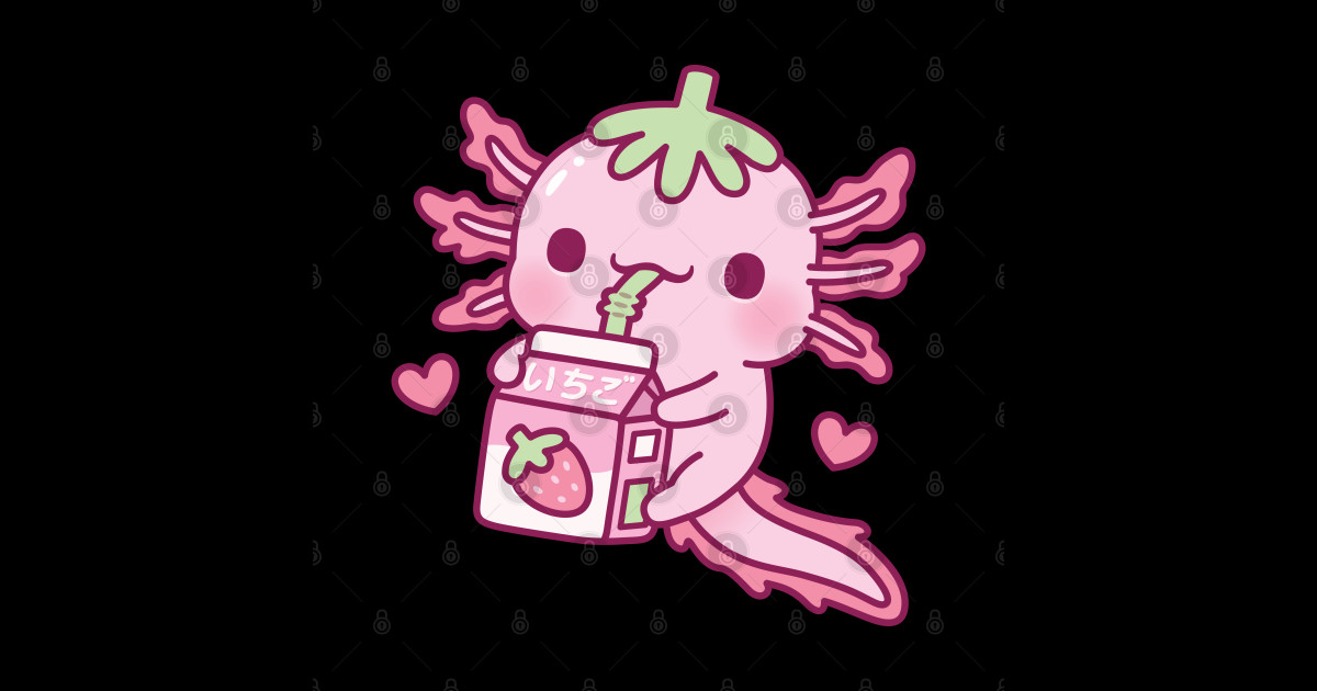 Cute Axolotl Loves Drinking Strawberry Milk - Cute Axolotl - Sticker ...