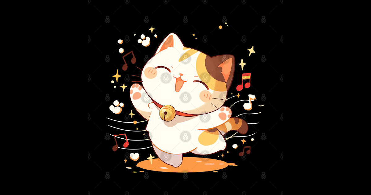 Happy Calico Cat Dancing to Music - Cute Kawaii Illustration - Calico ...