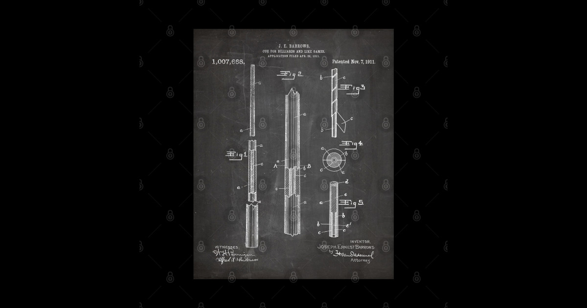 Pool Cue Patent - 9 Ball Art - Black Chalkboard - Pool Cue - Sticker ...