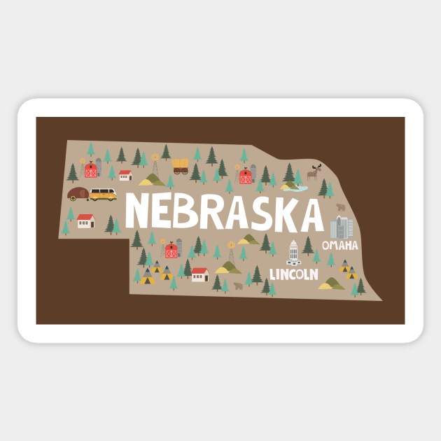 Nebraska State USA Illustrated Map - Nebraska - Sticker | TeePublic