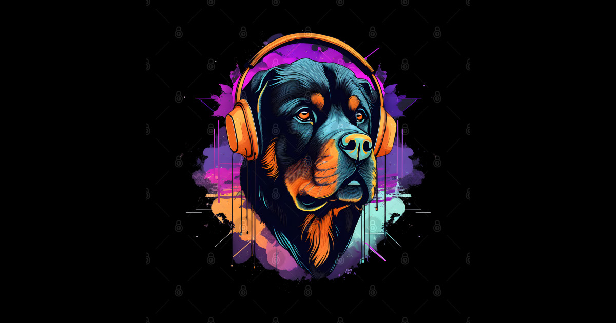 Rottweiler wears headphones - synth wave style - Rottweiler - Sticker ...