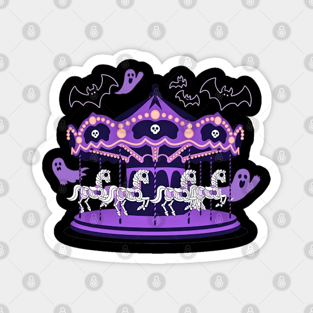 enchanted carousel with skeleton horses and glowing lights ...