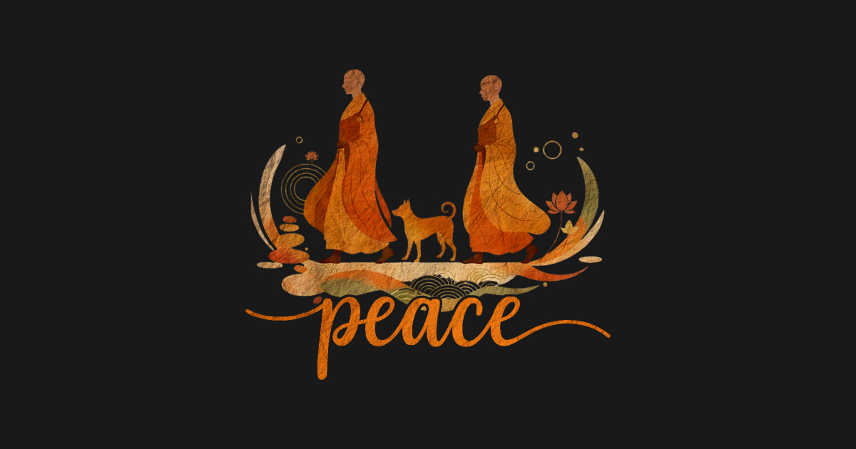 Peace Walking Monks & Dog Minimalist Zen Art - Zen Harmony - T-Shirt ...