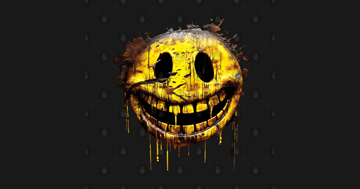 Explore the Sinister Allure of the Scary Yellow Smiley Face with Rust Drip - Scary Yellow Smiley ...