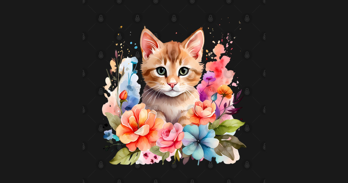 A cat decorated with beautiful watercolor flowers - Cat - T-Shirt ...