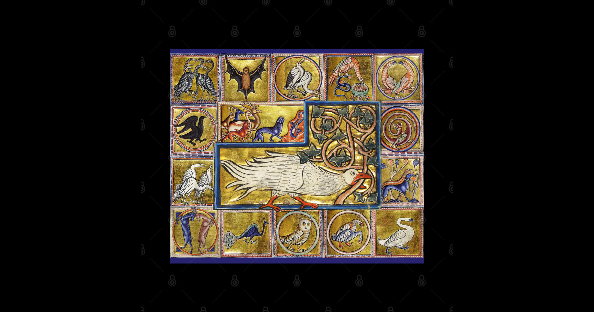 MEDIEVAL BESTIARY, CALADRIUS BIRD,FANTASTIC ANIMALS IN GOLD RED BLUE ...