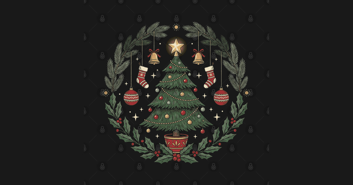 Vintage Christmas Tree Folk Art Wreath Nordic Winter Star Ornaments ...