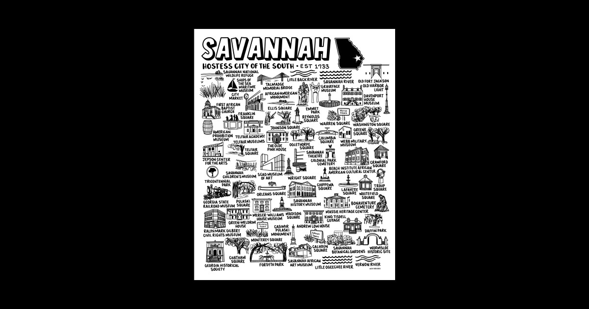 Savannah Georgia Map Art - Savannah - Sticker | TeePublic