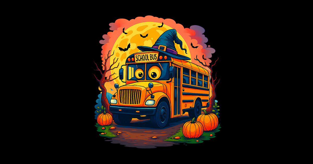 School Bus with Witch Hat Pumpkins & Moon Halloween Day Boys - School ...