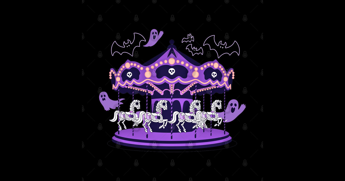 enchanted carousel with skeleton horses and glowing lights ...