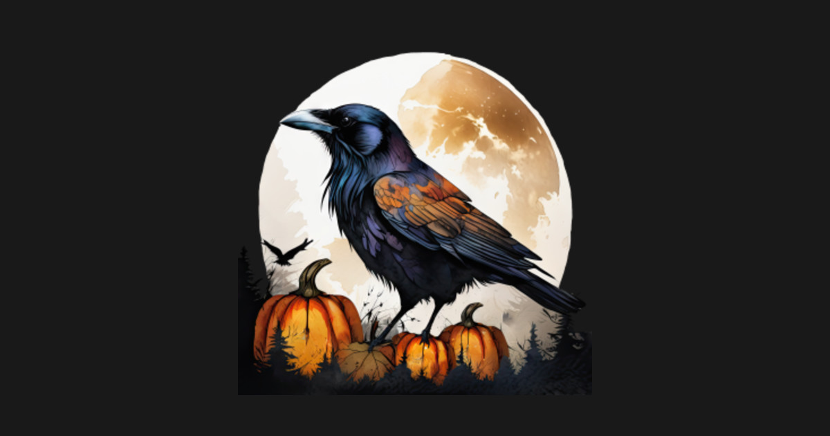 Spooky Raven with Pumpkins and Full Moon Halloween - Halloween Raven ...