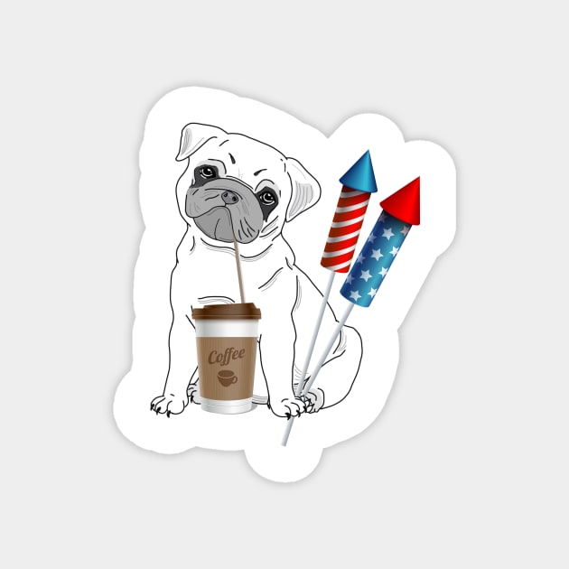 Pug Drinking Coffee with Fireworks - Pug Lovers - Magnet | TeePublic