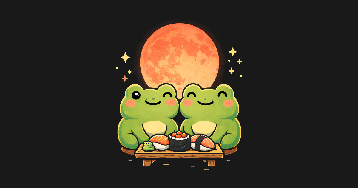Cute Japanese Frog Sushi Under Red Moon - Japanese Frog - T-Shirt ...