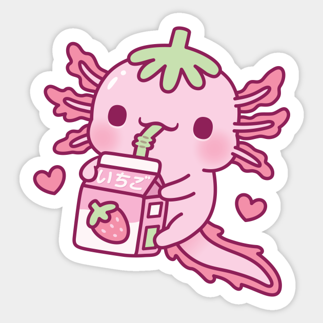 Cute Axolotl Loves Drinking Strawberry Milk - Cute Axolotl - Sticker ...