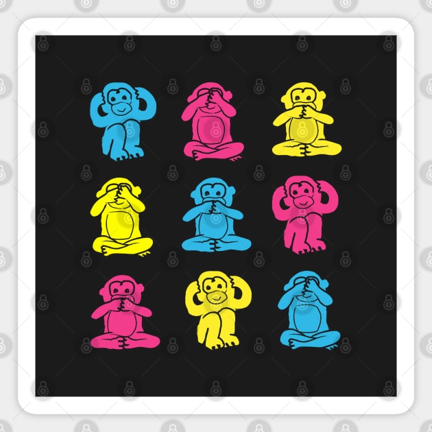 Illustration of Three Wise Monkeys in pink, blue and yellow on white ...