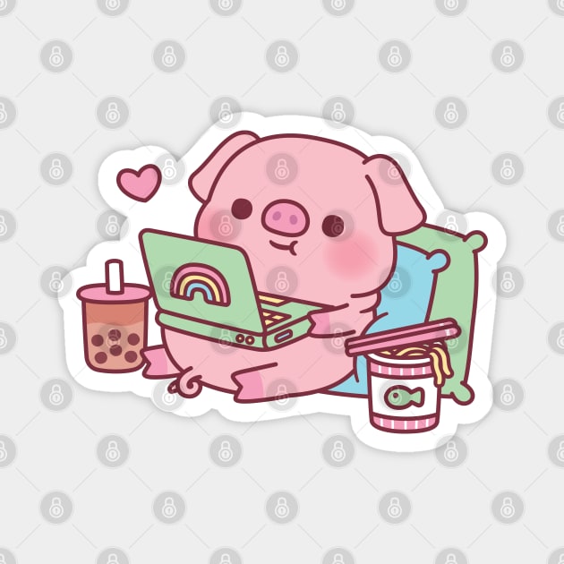 Cute Pig Chilling With Laptop Boba Tea And Instant Noodles - Cute Pig ...