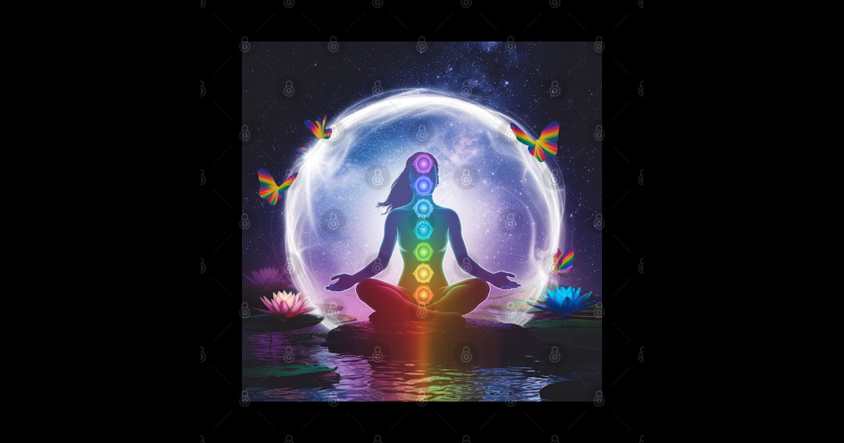 yoga, meditating woman illuminated by chakra balls - Meditating Woman ...