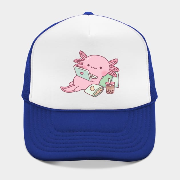 Cute Axolotl Chilling with Laptop And Snacks - Cute Axolotl - Hat ...