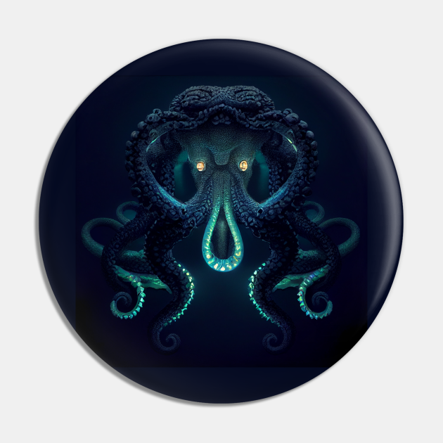 Sea Monster Turquoise, dark navy background - Horror - Pin | TeePublic