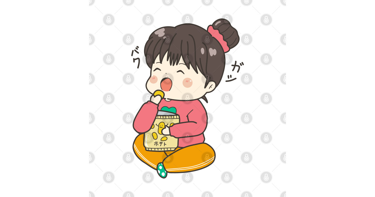 Kawaii Drawing of an Anime Chibi Girl Relaxing Eating Chips - Homebody ...