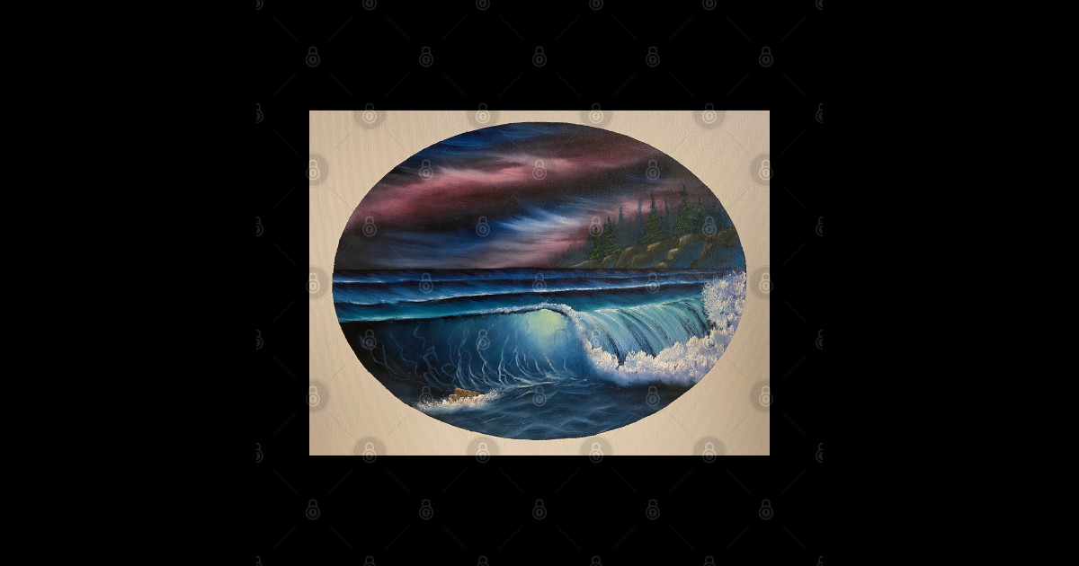 Oval Night Seascape - Bob Ross Meme - Sticker | TeePublic