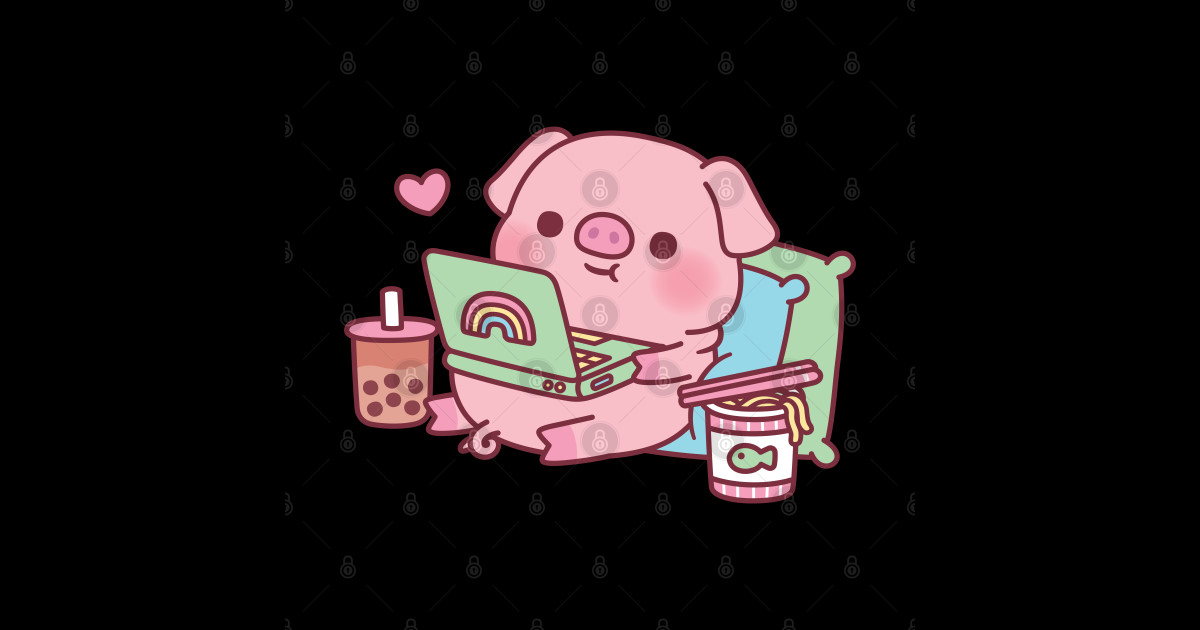 Cute Pig Chilling With Laptop Boba Tea And Instant Noodles - Cute Pig ...