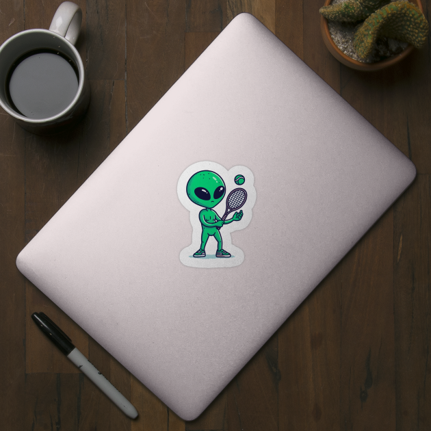 Green Alien As a Tennis Player - Tennis - Sticker | TeePublic