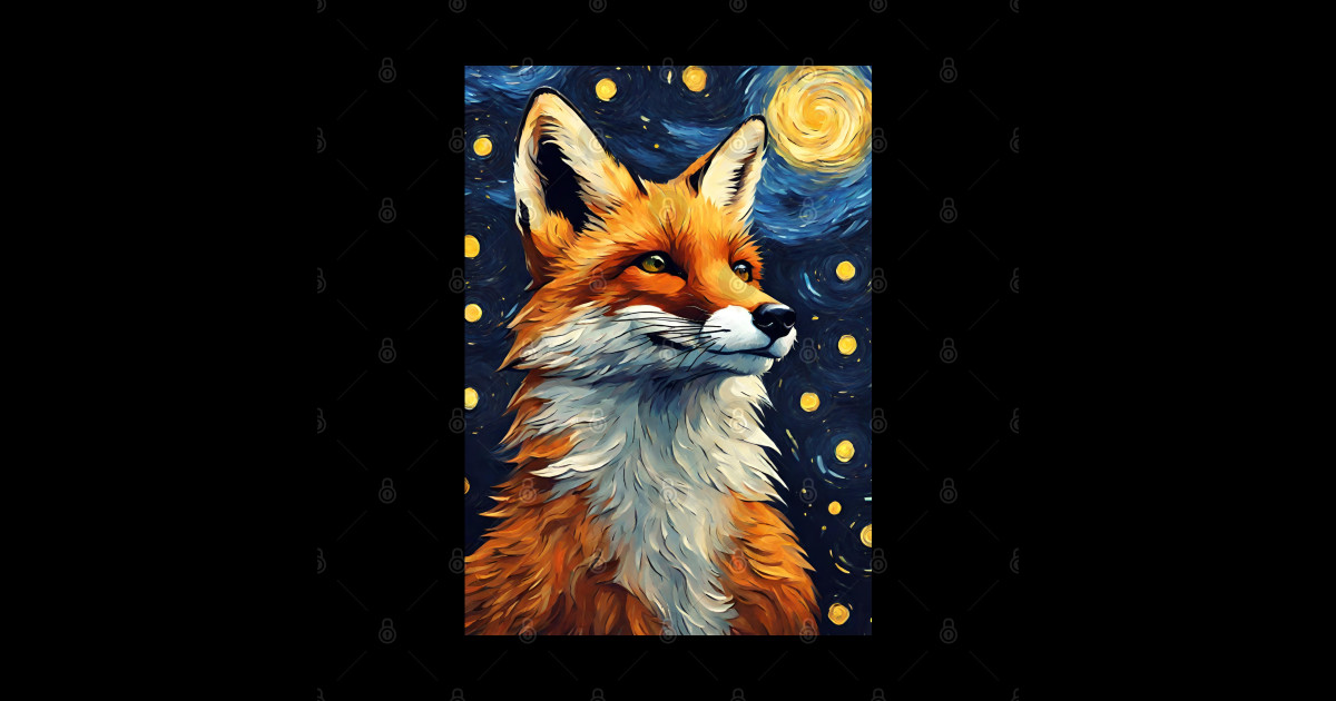 Fox Animal Painting in a Van Gogh Starry Night Art Style - Fox - Magnet ...