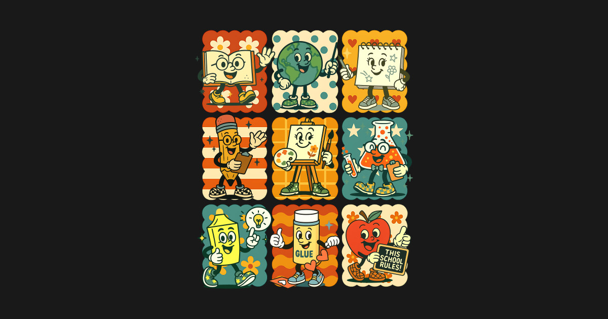Retro School Supplies Cartoon Characters – Teacher Classroom - Teacher ...