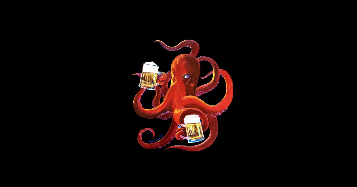 Octopus Painting, Red Octopus Drinking Beer, Animals and Beer, Octopus ...