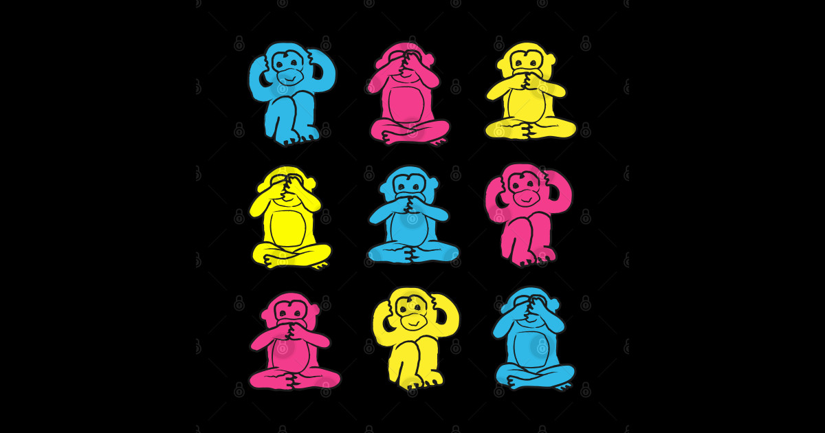 Illustration of Three Wise Monkeys in pink, blue and yellow on white ...