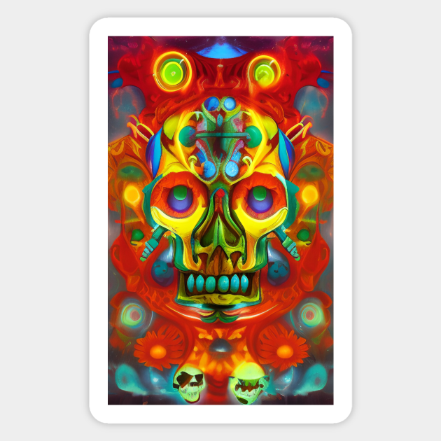 a painting of a colorful skull with many eyes, a digital painting, by ...