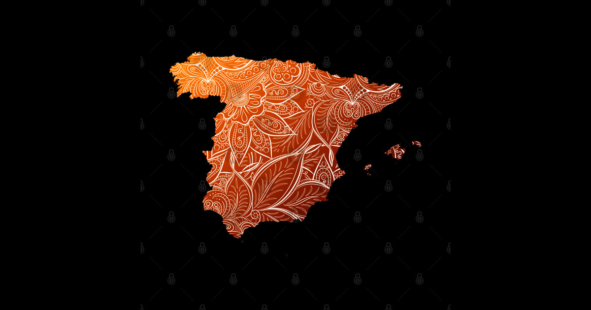 Colorful mandala art map of Spain with text in brown and orange - Spain ...