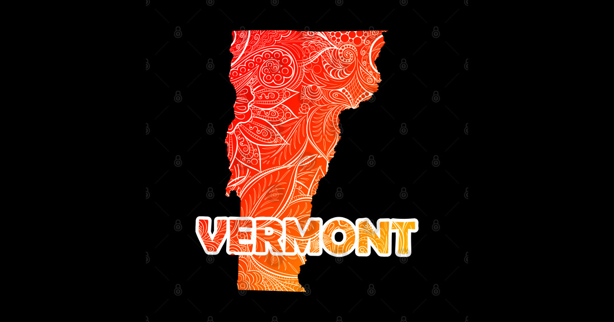 Colorful mandala art map of Vermont with text in red and orange ...