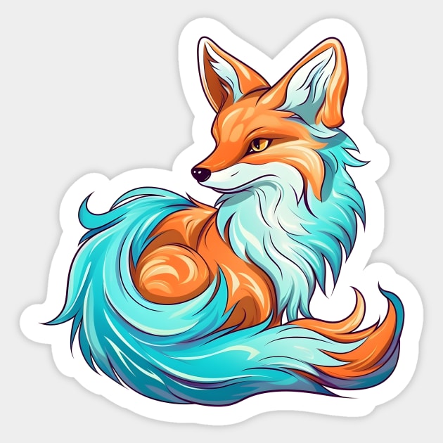 Whimsical fluffy red fox with cyan fur - Fox - Sticker | TeePublic
