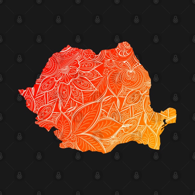 Colorful mandala art map of Romania with text in red and orange ...