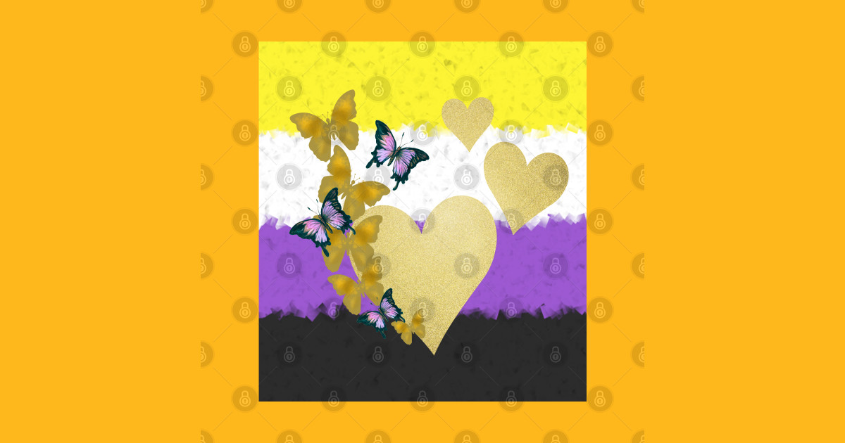Non-binary pride flag, golden hearts and butterflies - Non Binary Pride ...
