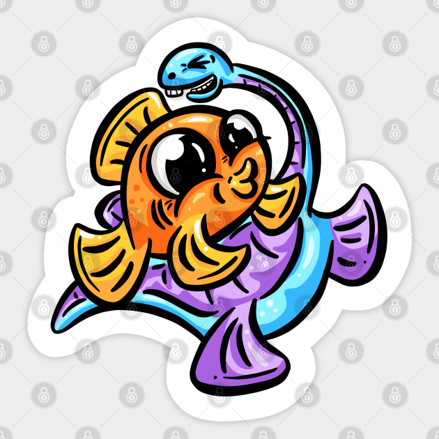 Tickling Fish and Plesiosaur Friends Cartoon - Tickle - Sticker | TeePublic