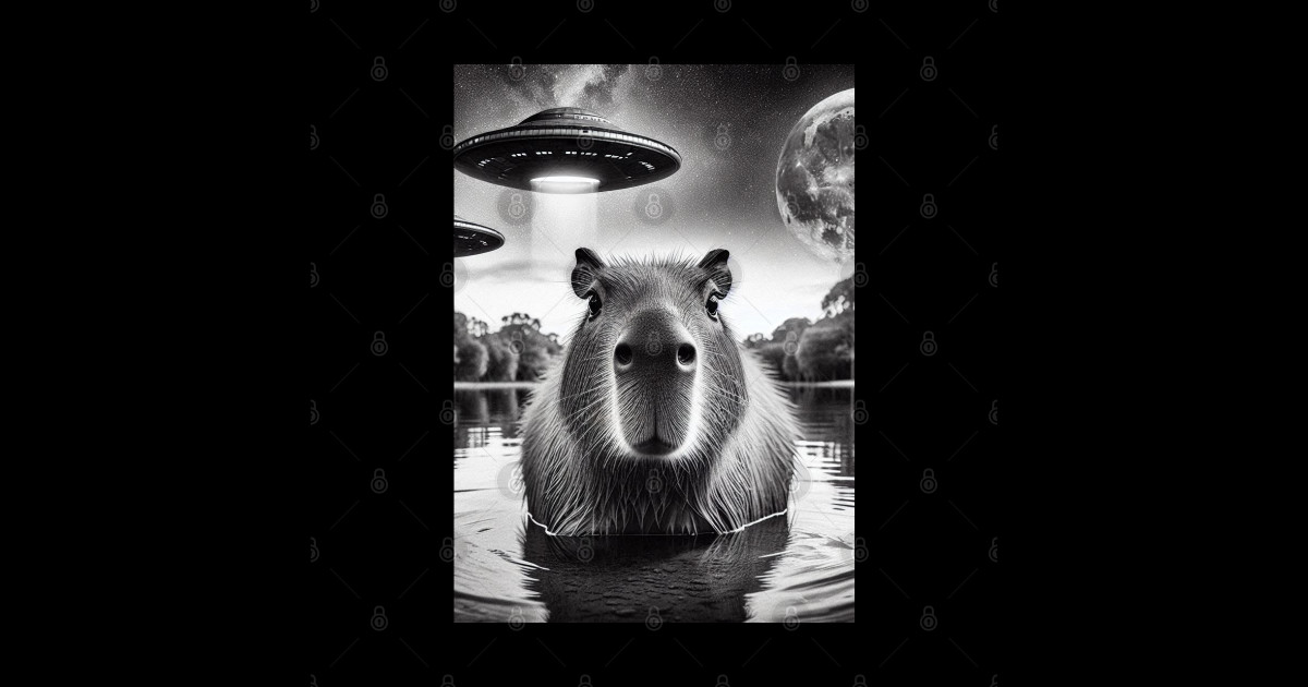 Funny Graphic Capybara Selfie with UFOs Weird Capybara Rodent Animal ...