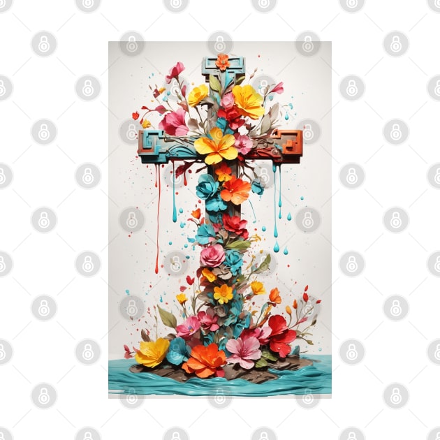 Cross with flowers, dripping paint - Cross Flowers Water Dripping Paint ...